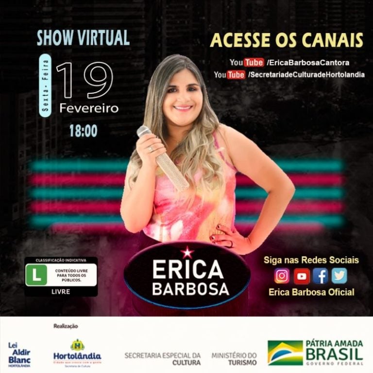Cantora Érica Barbosa faz show virtual nesta sexta-feira (19/02)