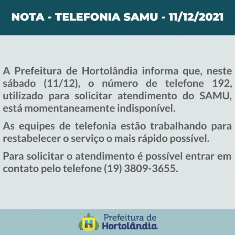 Nota - telefone 192 do Samu em manutenção